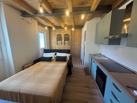 Um quarto com cama, mesas de cabeceira, uma janela e uma cozinha compacta com pia e armários.
