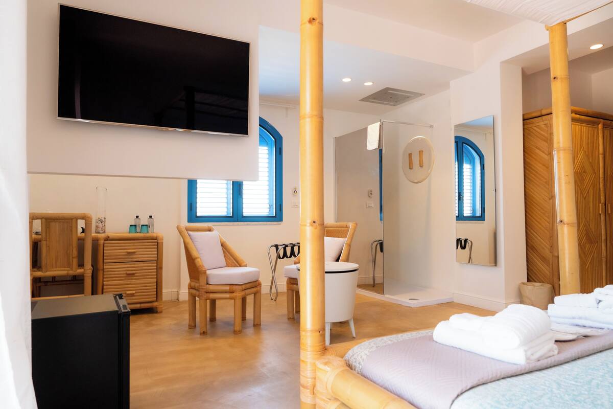 Quarto de hotel moderno com cama, televisão, chuveiro e banheiro com espelho.