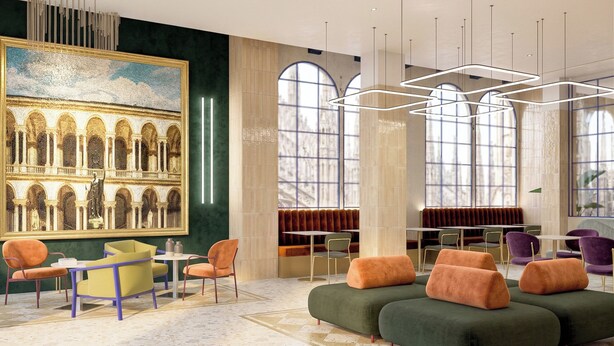 Um interior moderno com uma pintura grande, áreas de estar e um piso estampado.