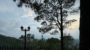 Vista de uma paisagem montanhosa com cerca, árvores e duas lâmpadas de rua.