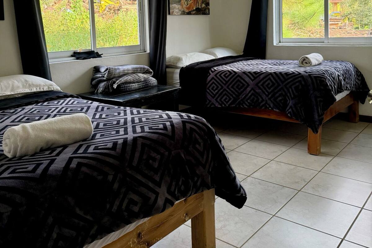 Quarto de hotel com duas camas, uma janela com cortinas, um ventilador de teto e um quadro de uma tigresa.