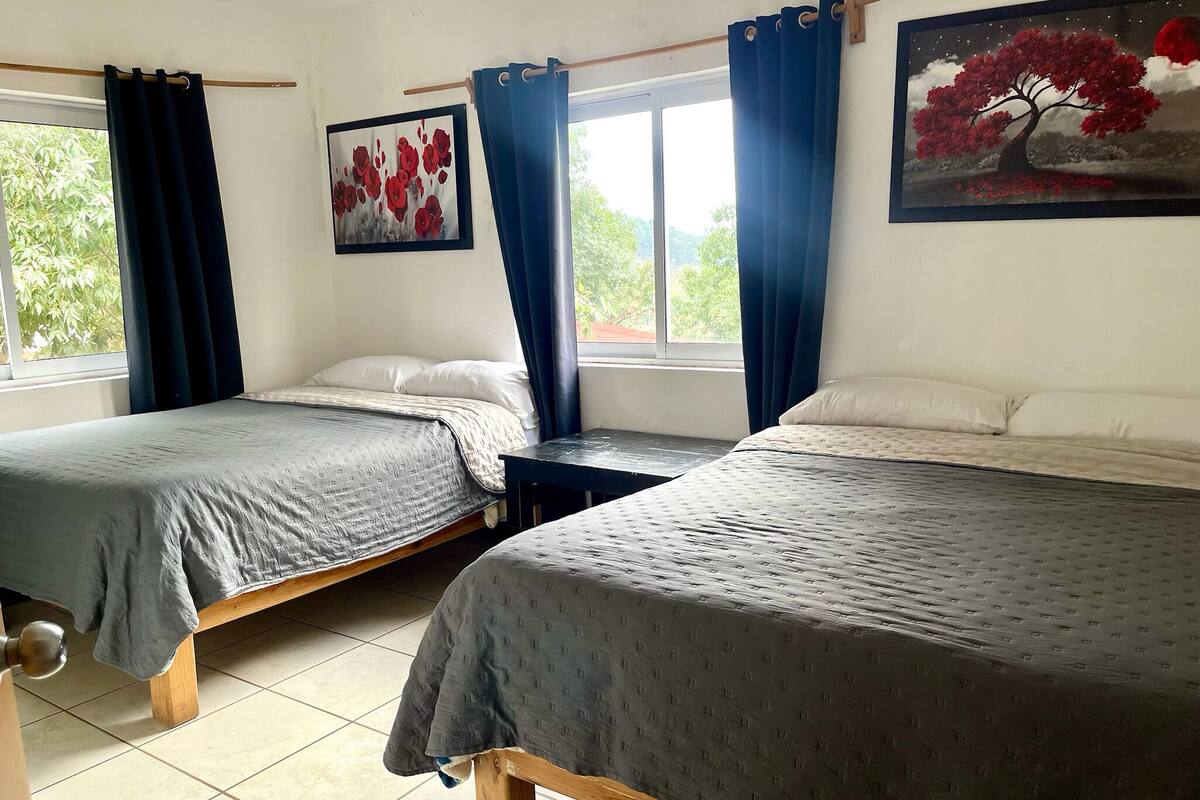 Duas camas de solteiro com roupa de cama cinzenta, uma janela com cortinas azuis, um quadro de flores vermelhas e um quadro de uma árvore.