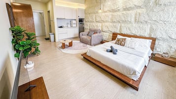 Suíte estúdio design, 1 cama Queen e sofá-cama, para não fumantes, vista para a cidade | Espaço de trabalho para notebook, cortinas blackout