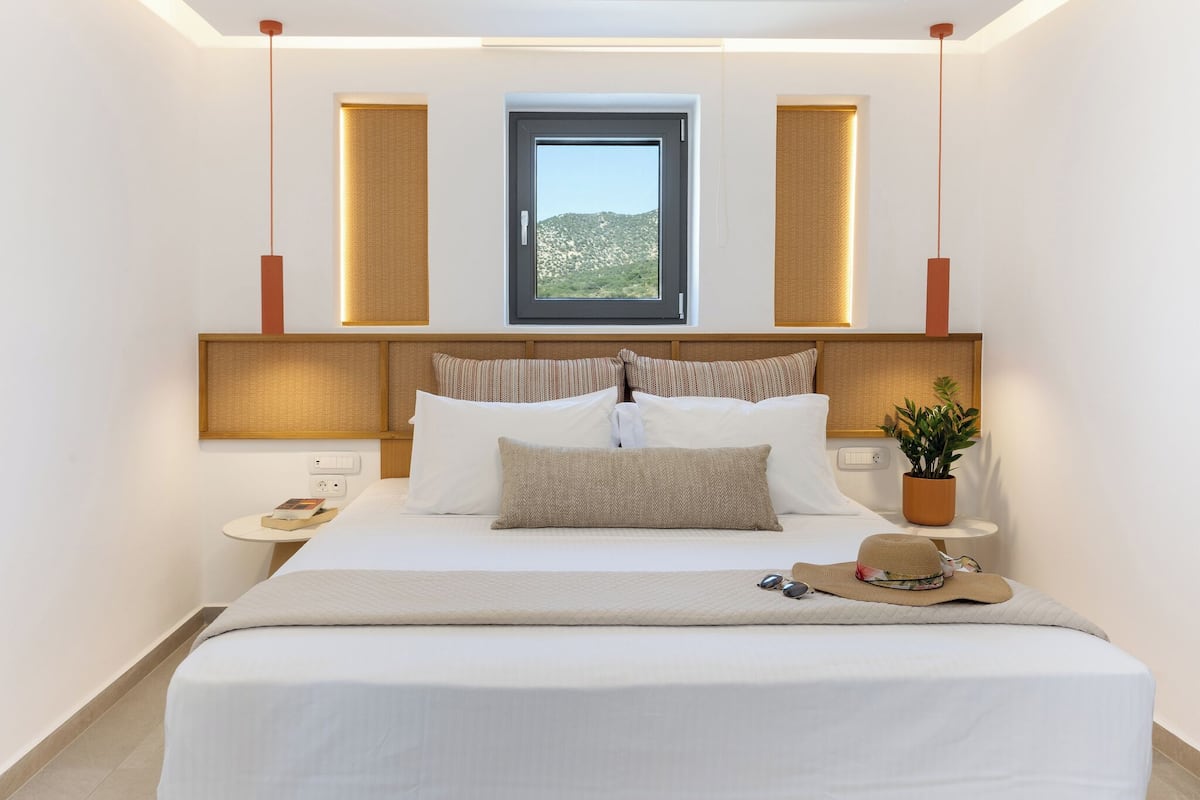 Quarto de hotel bem arrumado com cama, mesas de cabeceira, janela e uma planta em vaso.