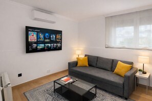 Apartamento Familiar, 1 cama de casal e sofá-cama, ar condicionado | Sala de estar | Televisor de ecrã plano de 32 polegadas com canais via satélite 