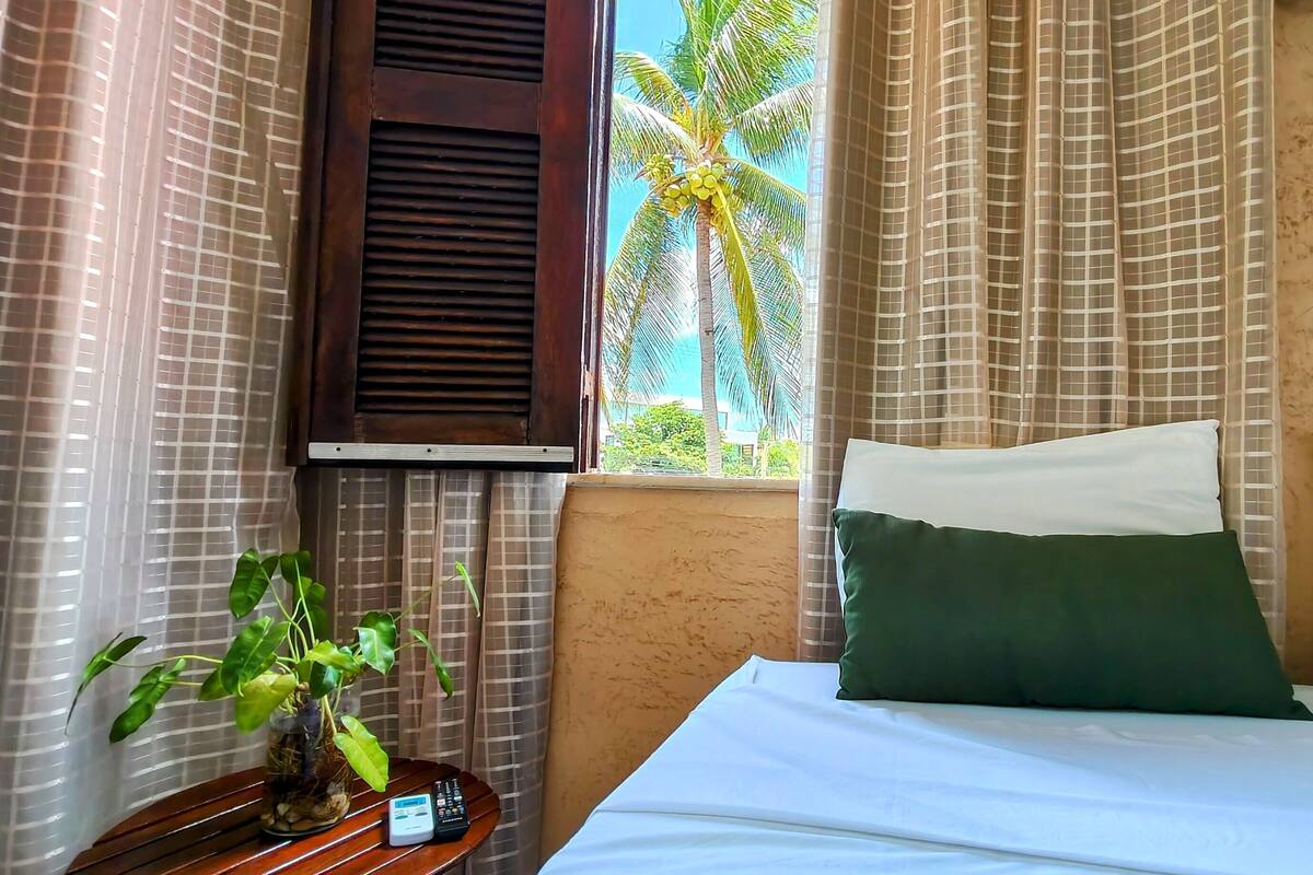 Quarto de hotel com cama, cortinas, janela com vista para palmeiras, planta em uma mesa de cabeceira e controle remoto.