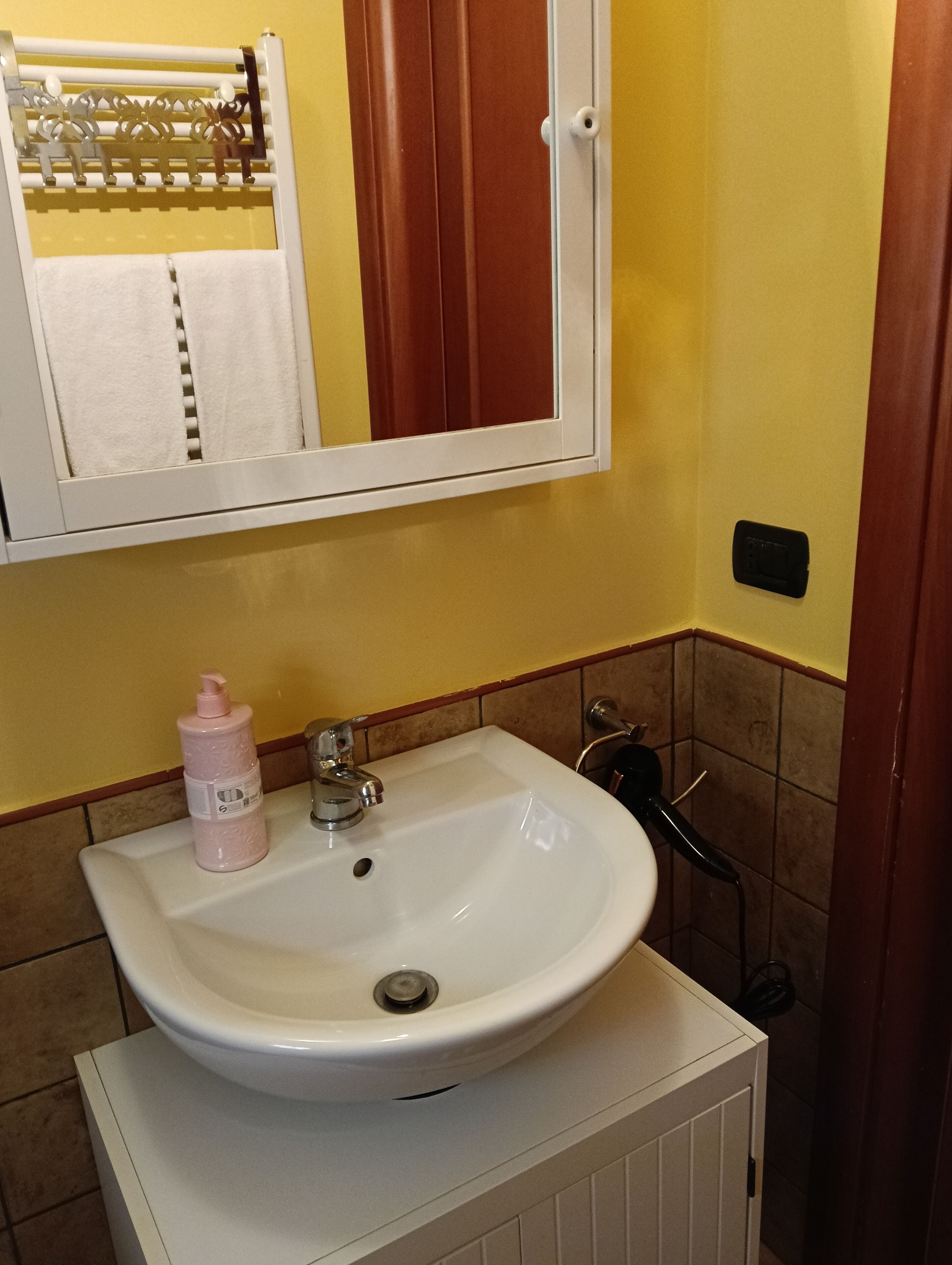 Casa de banho com lavatório branco, espelho e suporte para toalhas.