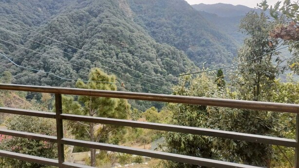 Paisagem montanhosa com floresta densa.
