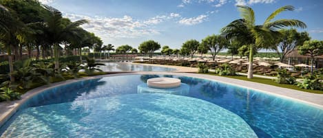 Piscina externa sazonal, funciona das 10h às 20h, espreguiçadeiras