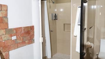 Casa de banho com chuveiro, sanita e porta-toalhas.