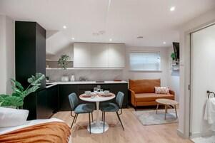 Suite-Estúdio, adaptado para pessoas com dificuldades de mobilidade, Vista para a cidade | Cozinha privada | Um frigorífico, um micro-ondas, um forno, uma placa de cozinha 