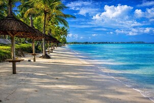 Uma praia com estruturas de palha, palmeiras e água azul cristalina.