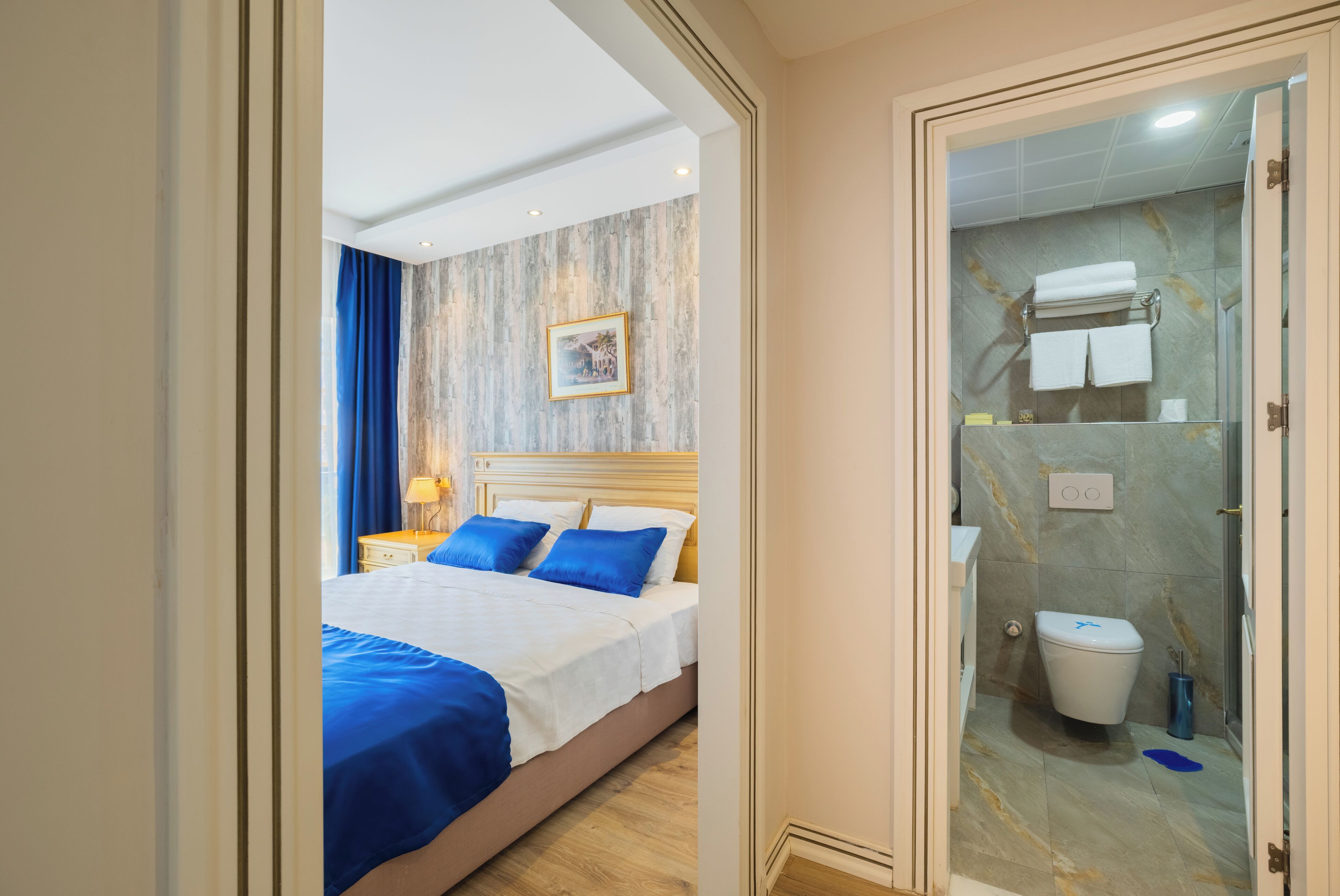 Quarto de hotel com cama, mesa de cabeceira, sanita, chuveiro e porta-toalhas.