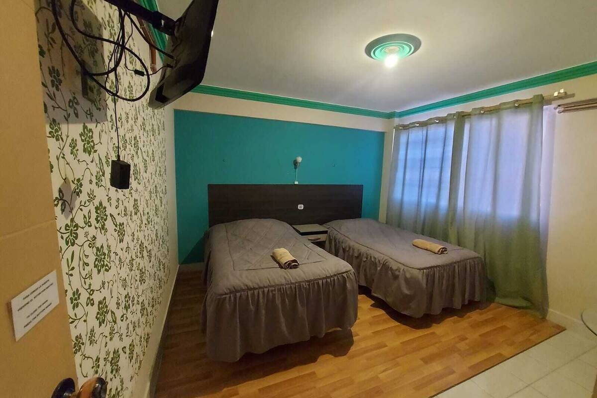 Quarto com duas camas, uma luminária no teto, uma janela com cortinas e uma parede com papel de parede floral.