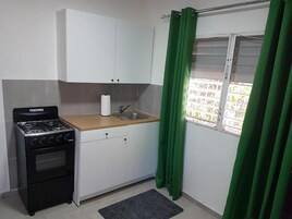 Uma cozinha compacta com fogão a gás, pia e janela com cortinas verdes.