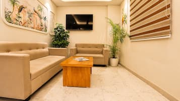 Uma sala de estar com dois sofás bege, uma mesa de centro de madeira, uma televisão de tela plana e uma grande planta em vaso.