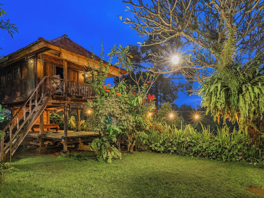 Uma casa de madeira rústica com varanda, cercada por vegetação exuberante e um céu noturno límpido.