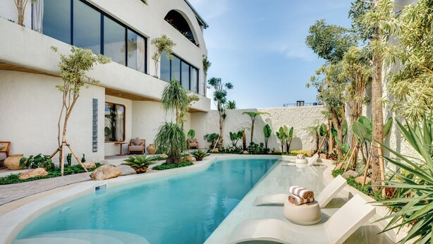 Uma área de piscina moderna com design curvo, rodeada por plantas tropicais e um edifício grande com janelas amplas.