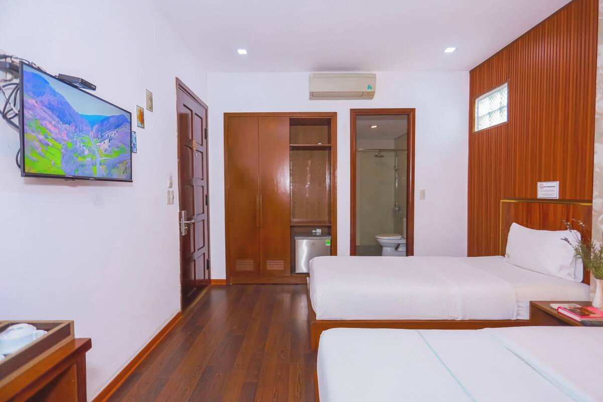 Quarto de hotel com cama, televisão, guarda-roupa, banheiro e uma mesinha com uma planta.
