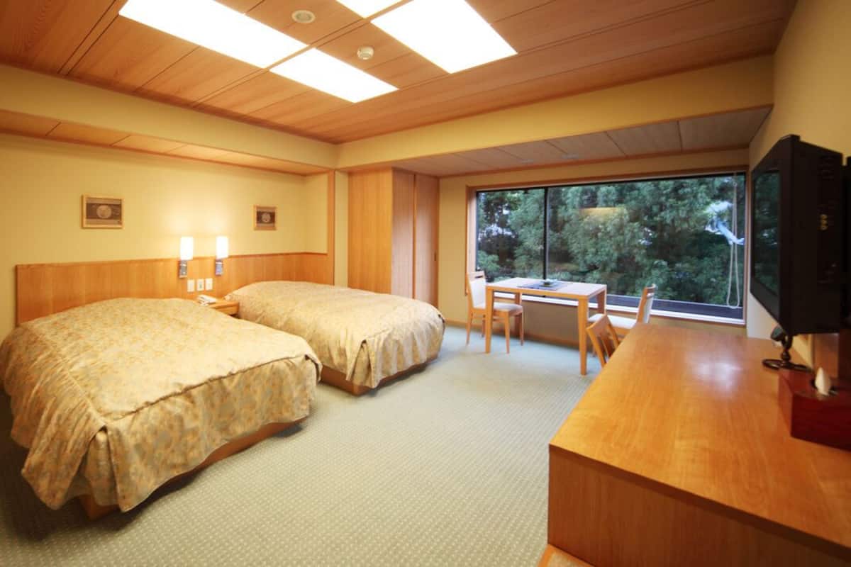 Quarto com duas camas, uma escrivaninha, uma cadeira e uma televisão.