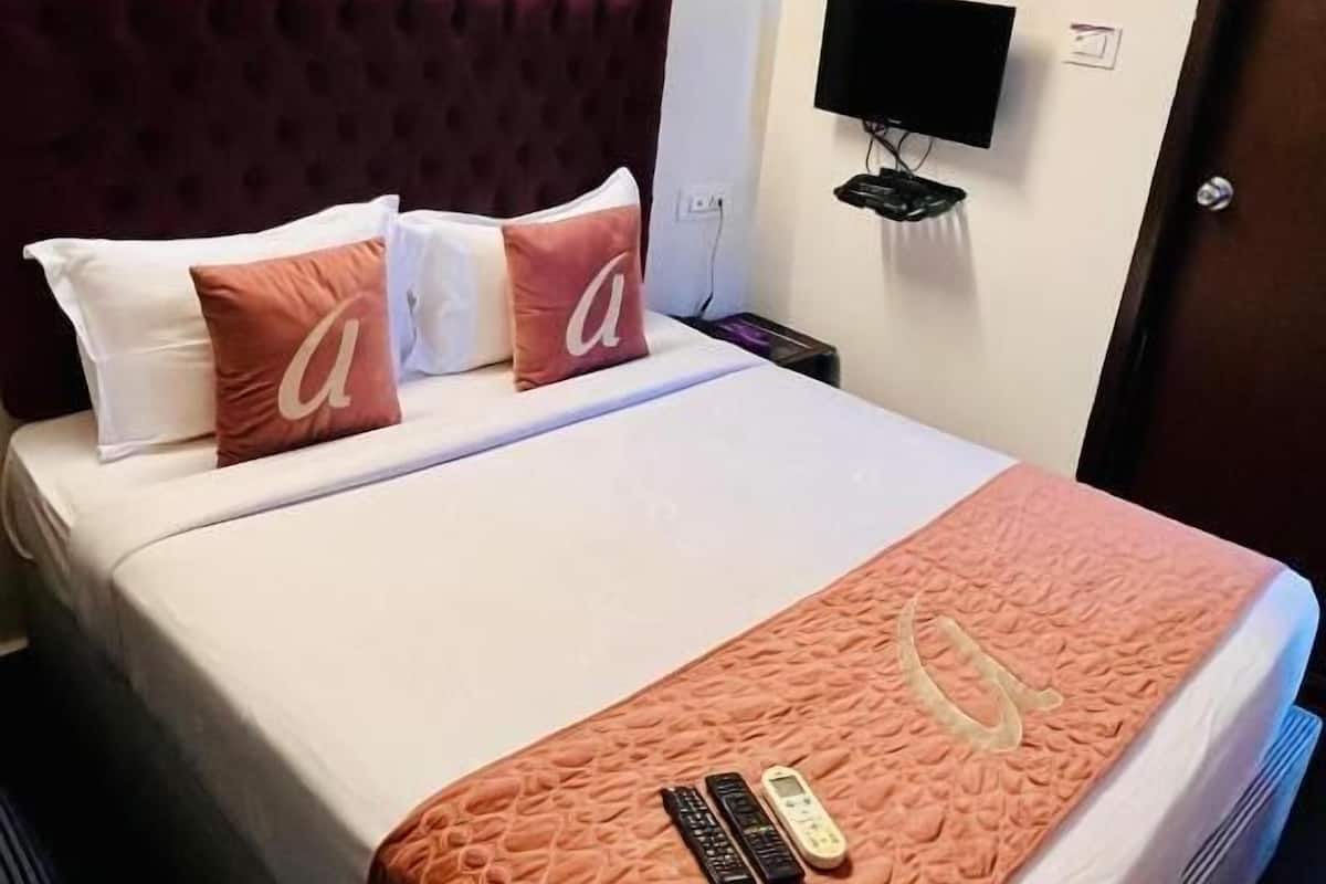 Quarto de hotel com uma cama, televisão, ar condicionado e uma porta.