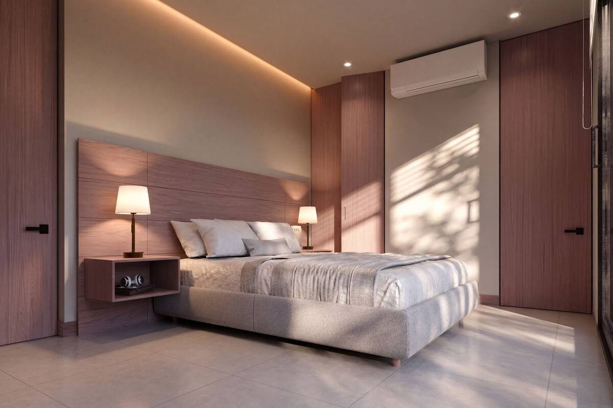 Quarto moderno com uma cama grande, duas mesas de cabeceira com luminárias, prateleira embutida e guarda-roupa.