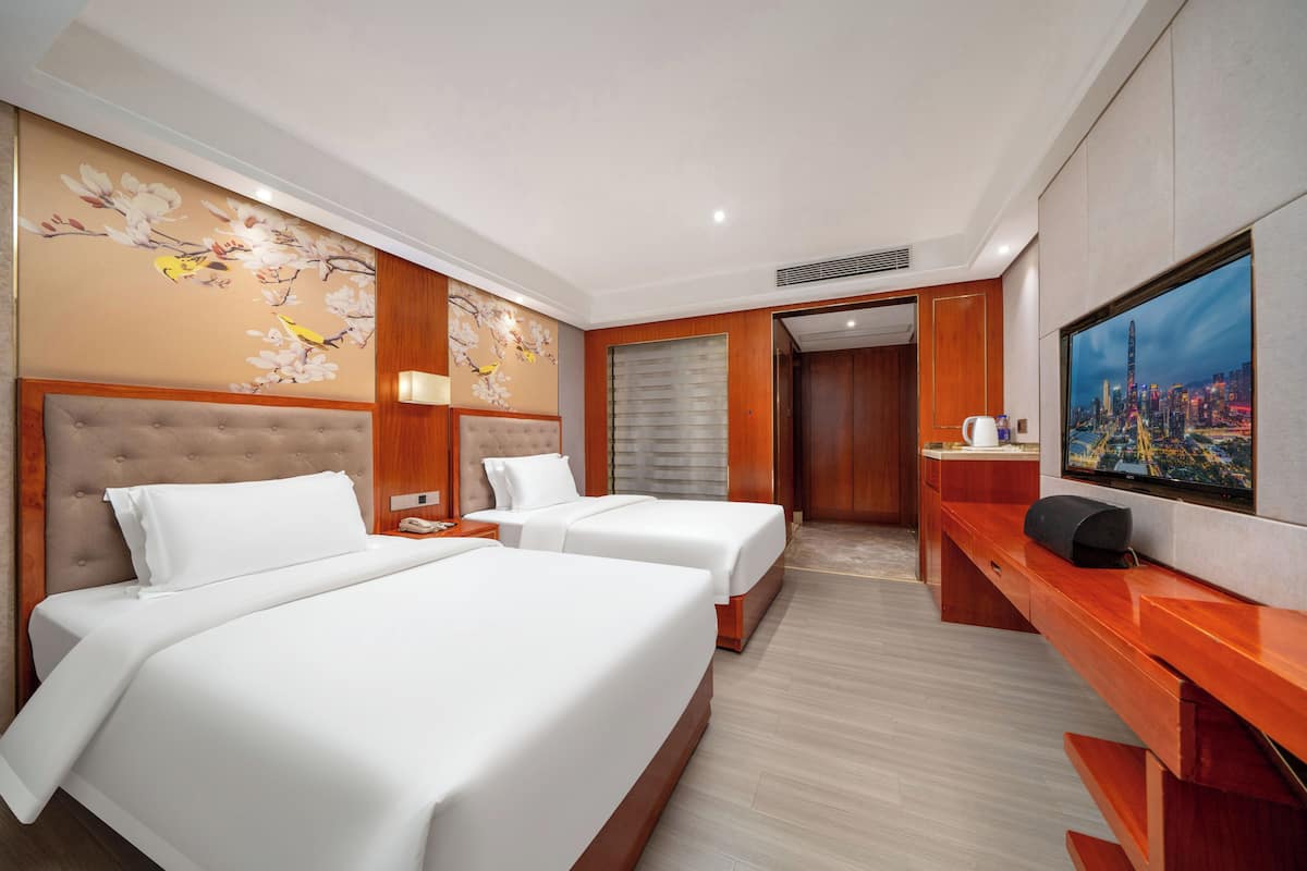Quarto de hotel com duas camas, televisão e vista para a cidade.