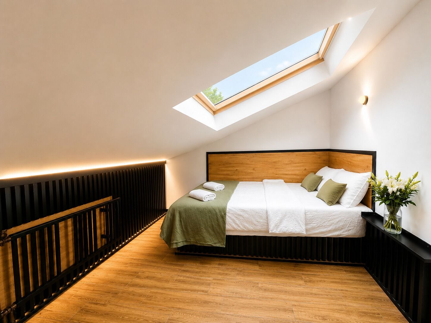 Um quarto com claraboia, uma cama com roupa de cama branca, um cobertor verde e um vaso com flores.