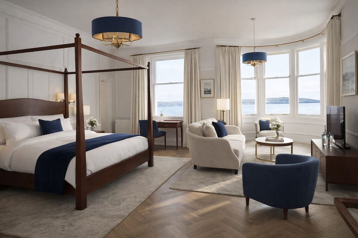 Uma cama de dossel com vista para o mar, um espaço de estar com uma poltrona e mesa, e uma televisão sobre um móvel.