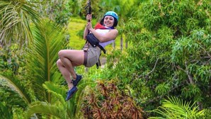 Uma pessoa praticando tirolesa por uma floresta verde e exuberante.