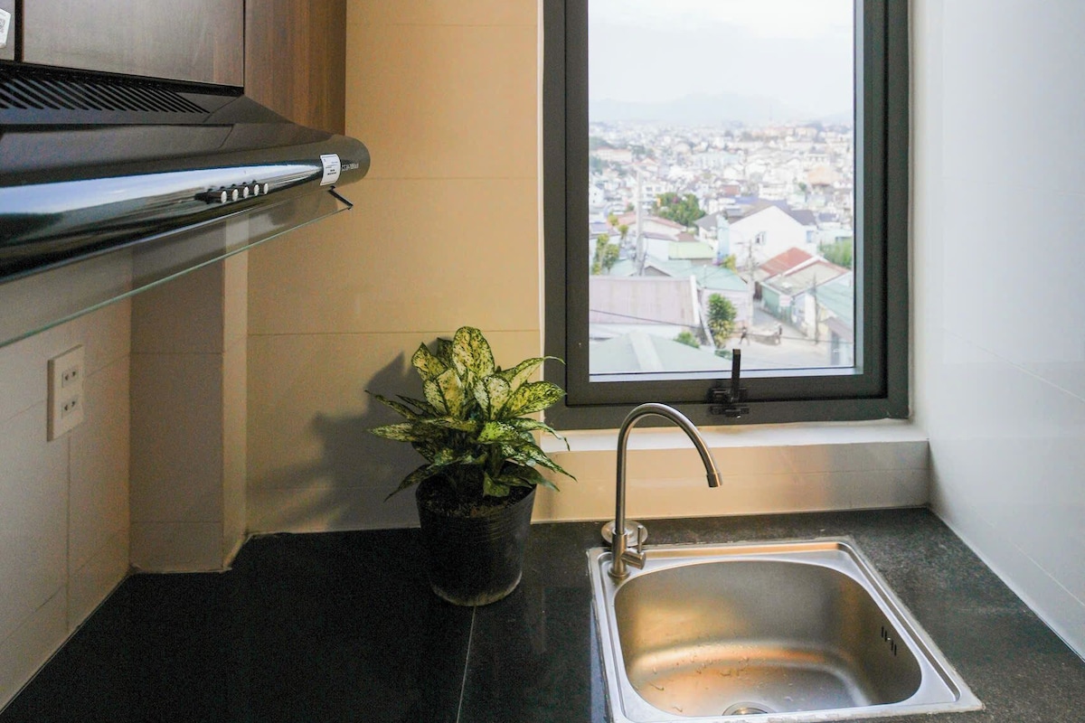 Uma cozinha com janela, pia e um vaso com planta.