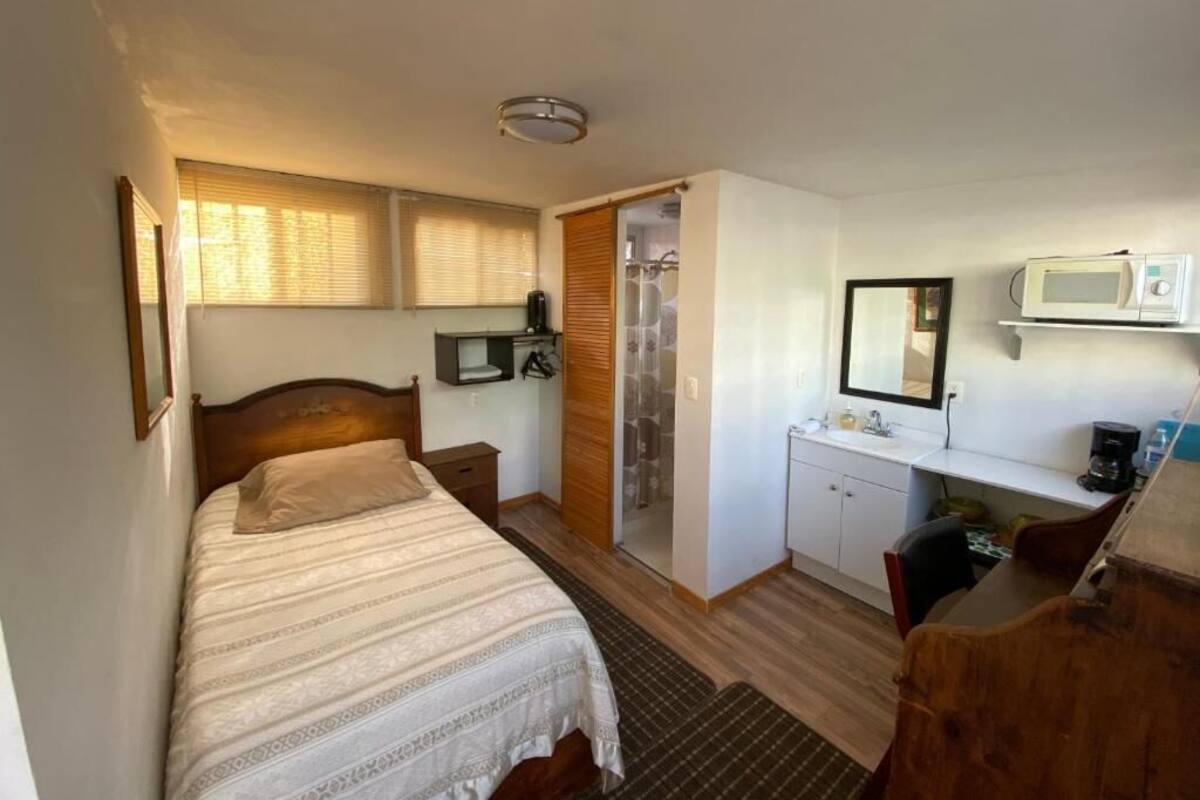 Quarto com cama, mesa de cabeceira e chuveiro.