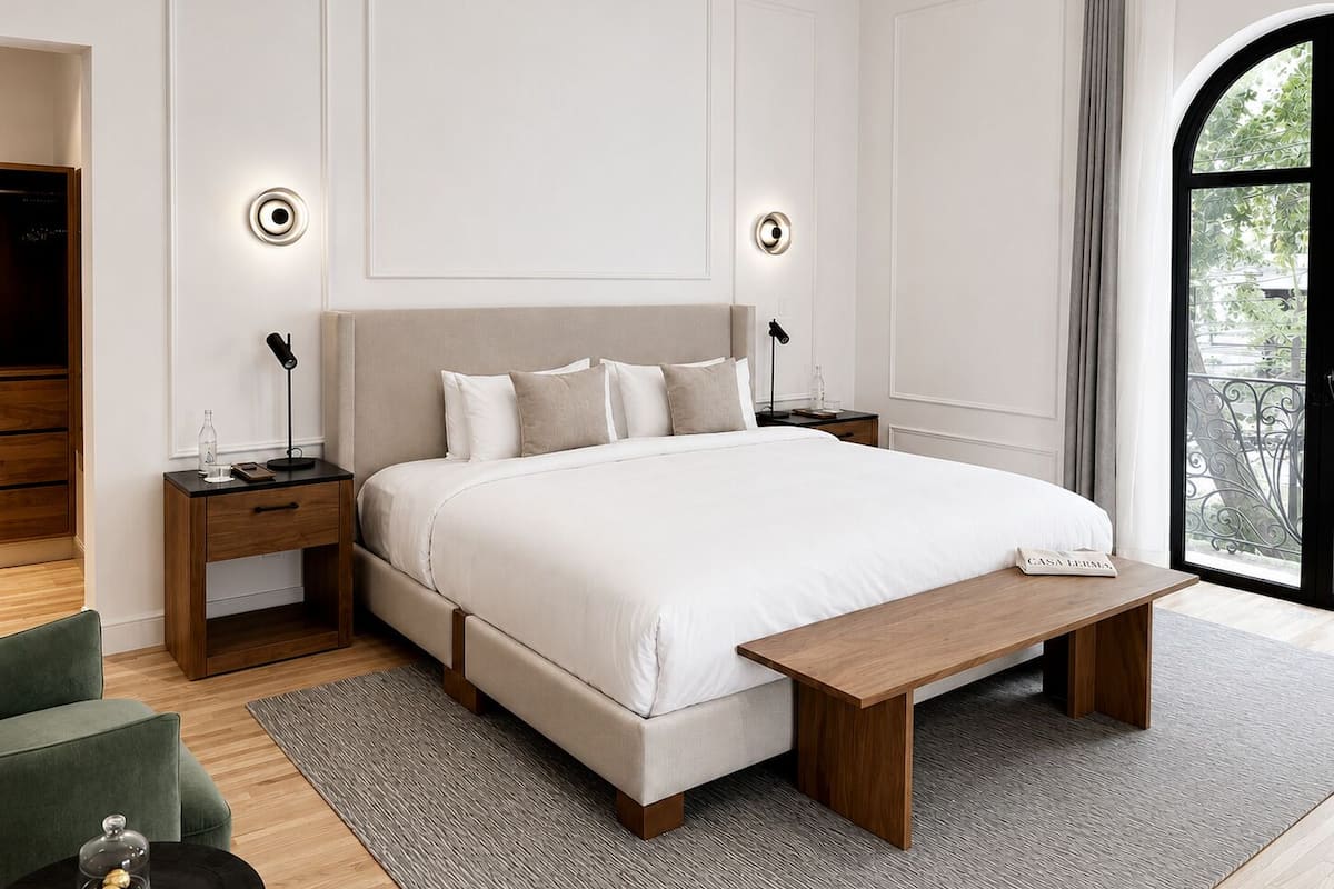 Quarto moderno com cama grande, mesas de cabeceira, um banco e vista para o verde.