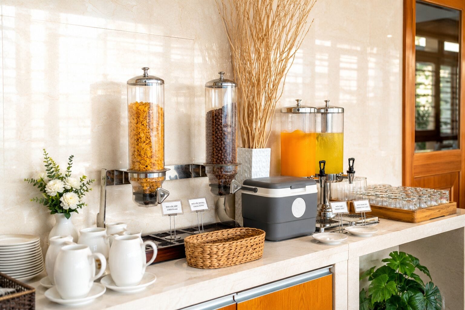 Um buffet de café da manhã com diversas opções de comida e um espaço para café.