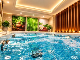 Piscina interior moderna com água cristalina, rodeada por área de spa com plantas e parede de madeira.