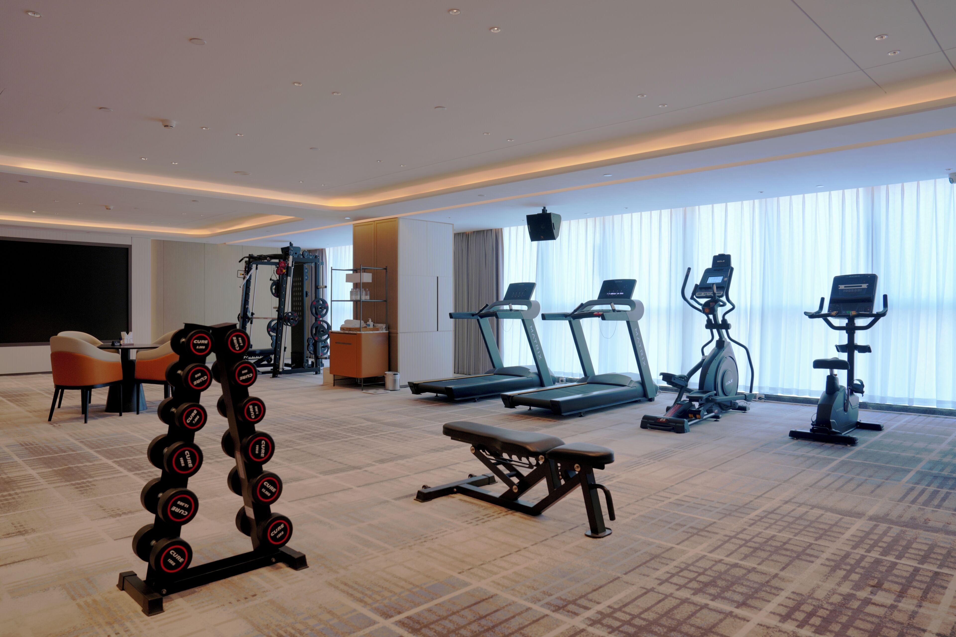 Quarto de hotel com equipamento de ginástica, incluindo esteiras, elíptico, banco e suporte para halteres.