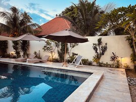 Piscina com espreguiçadeiras e guarda-sóis, rodeada por plantas tropicais e um telhado telhado.