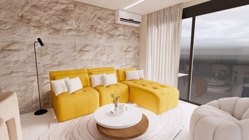 Apartamento superluxo, sacada, vista para a cidade | Área de estar