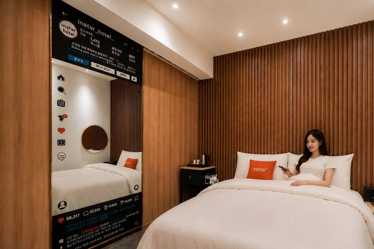 Quarto de hotel com uma cama grande, uma mesa de cabeceira e uma tela fixada na parede exibindo informações do hotel.