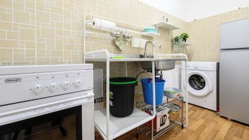 Cozinha com fogão, pia e máquina de lavar roupa.