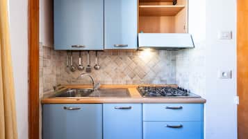 Apartamento (1 Bedroom) | Cozinha privada | Uma placa de cozinha, uma cadeira de bebé, utensílios de cozinha