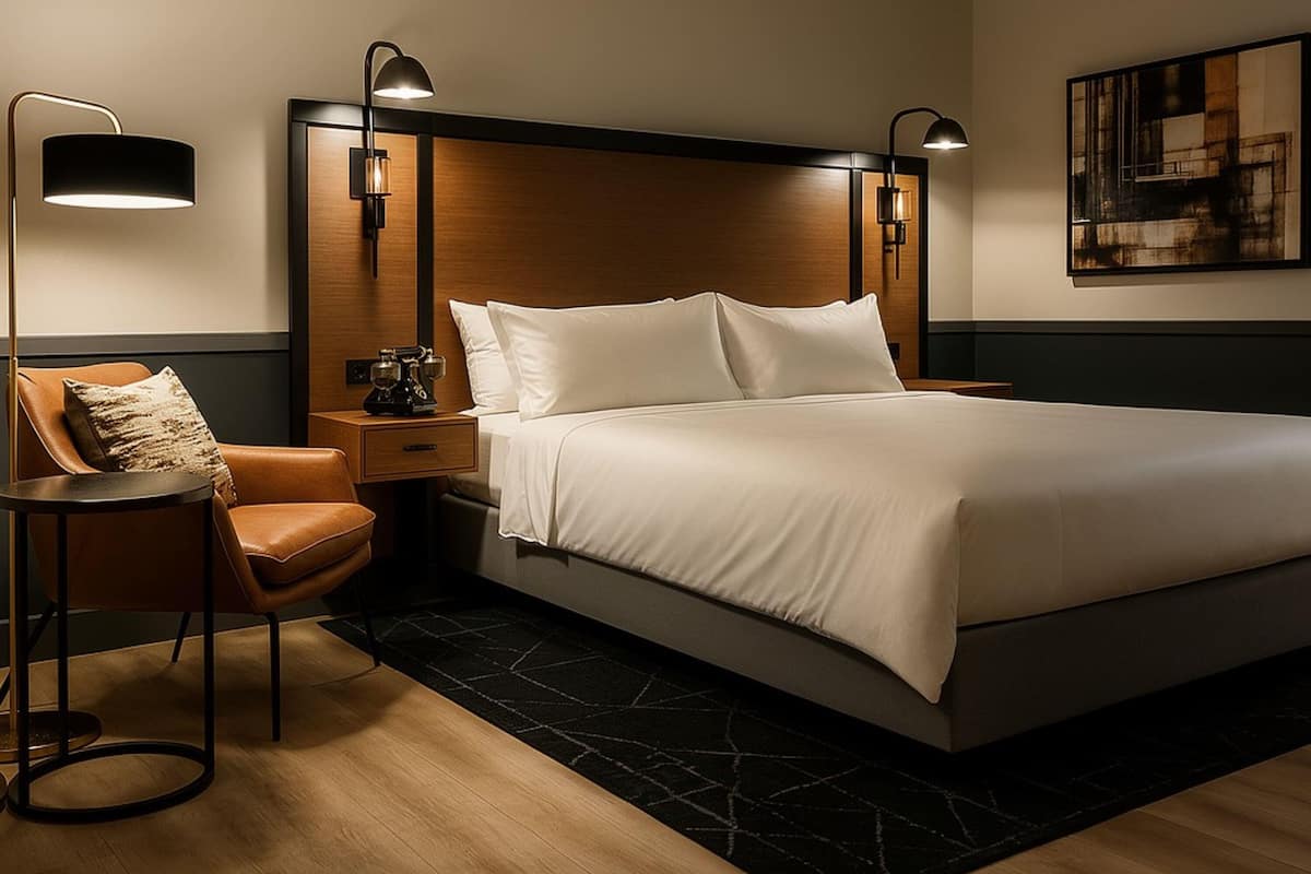 Quarto de hotel com uma cama, mesa de cabeceira, luminária, cadeira e um quadro na parede.