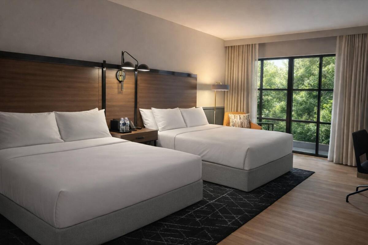 Quarto de hotel com duas camas, uma mesa de cabeceira, um abajur, uma cadeira e uma janela grande com vista para árvores.