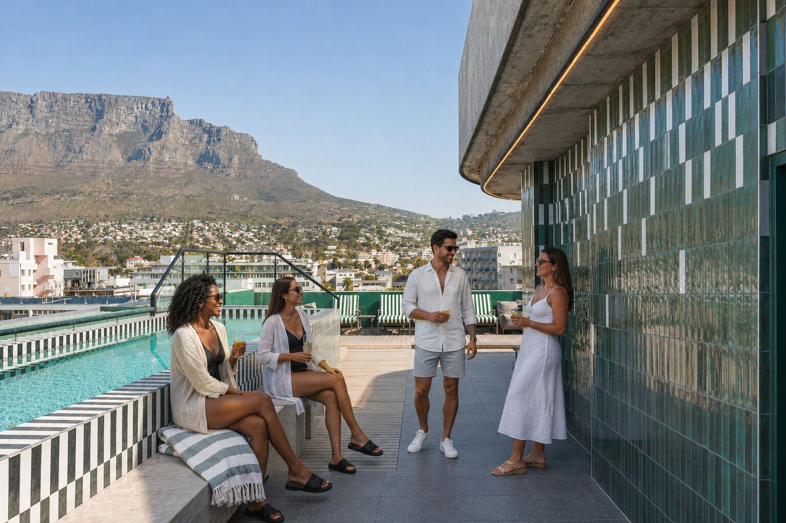 Uma área de piscina no terraço com vista para uma montanha e o horizonte urbano.