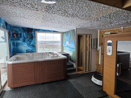 Quarto com hidromassagem, uma janela ampla e porta que dá para outra área.