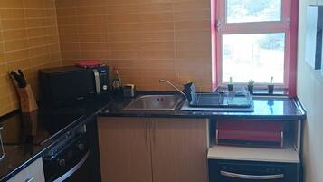 Cozinha compacta com micro-ondas, pia e armários.