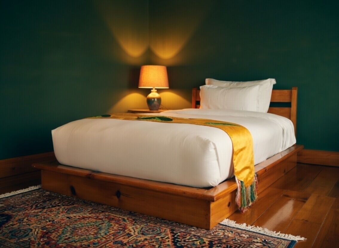 Uma cama de madeira com roupa de cama branca e um cobertor amarelo, um tapete estampado e uma luminária em uma mesa de cabeceira.