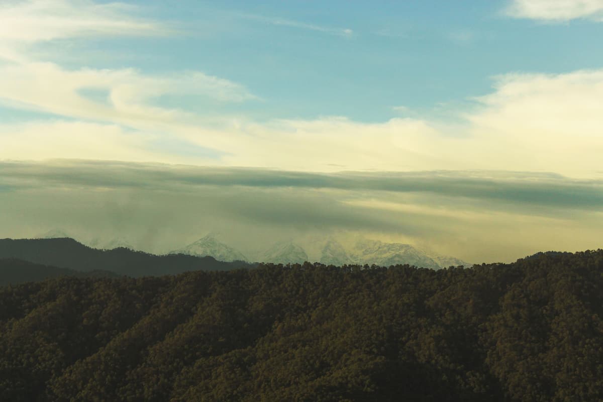Paisagem montanhosa com floresta densa e céu claro.