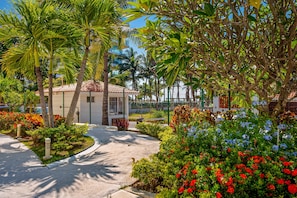 Uma trilha leva a um edifício com telhado de azulejos, cercado por vegetação exuberante e plantas floridas.