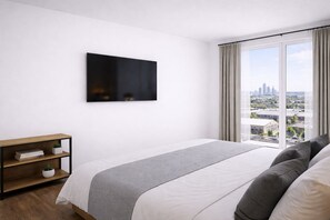 Quarto casal superior, vista para a cidade | Escrivaninha, espaço de trabalho para notebook, cortinas blackout